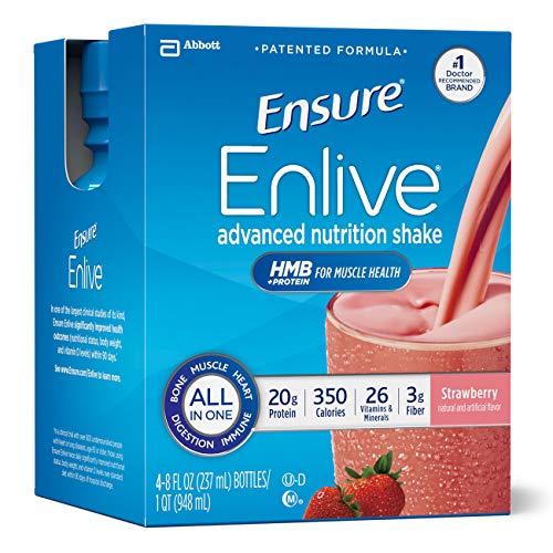 Ensure Enlive Meal Replacement Shake, 20g Protein, 350 Calories, Advanced Nutrition Protein Shake, Strawberry, 8 fl oz, 4 Bottles
