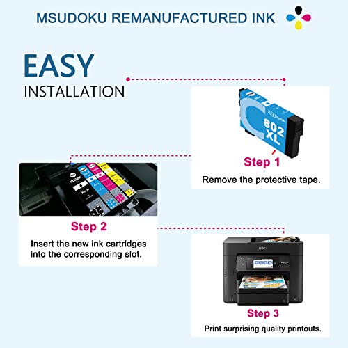 Msudoku 802XL Ink Cartridges Remanufactured Replacement for Epson 802 Ink Cartridges Combo Pack 802XL T802XL T802 Use with Workforce Pro WF-4730 WF-4740 WF-4734 Printers(4 Pack)