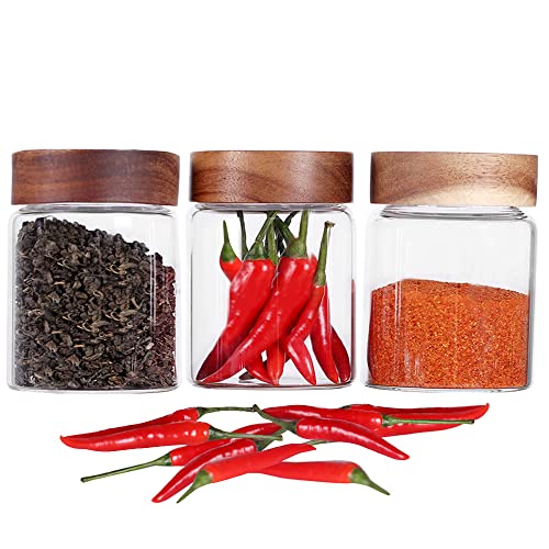 SAIOOL 3 Packs Glass Food Storage Jars with Screw Airtight Seal Acacia Wood Lids,Spice Jars with Lids, Organization for Jars Bottles Containers Travel Gear, Sugar, Salt,Coffee, cookies,spices