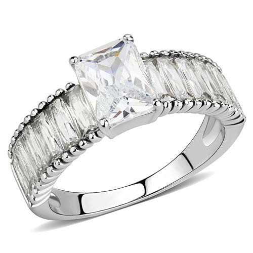 Fancy Radiant Cut & Baguette CZ Accents Stainless Steel Engagement Ring Sz 5-10