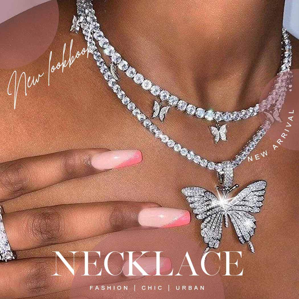EARENT Rhinestone Butterfly Choker Necklace Crystal Butterfly Pendant Necklaces Chain Sparkly Neck Jewelry for Women (A-Silver)