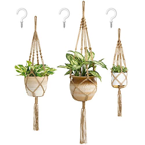 Mkono Macrame Plant Hangers, 3 Different Sizes Indoor Hanging Planters Basket Decorative Flower Pots Holder Stand Boho Home Decor, Brown