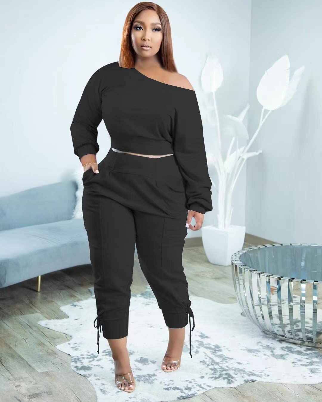 Fall Outfits for Women 2 Piece Sets Sweatsuits Track Suits Two Piece Off One Shoulder Long Sleeve Crop Top Pants Jogger Sets Black 2XL