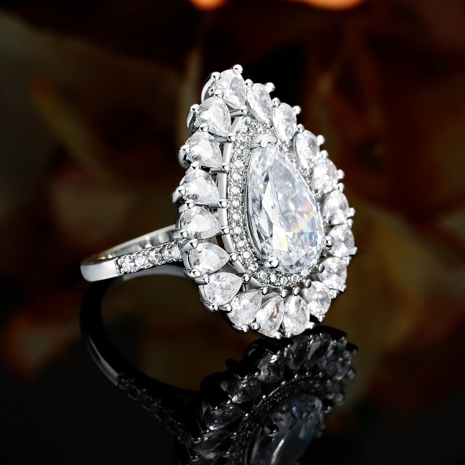 Gemsme Teardrop Wedding Rings,18K White Gold Plated Teardrop Cubic Zirconia Rings Halo Pear Wedding Bride Ring (7)
