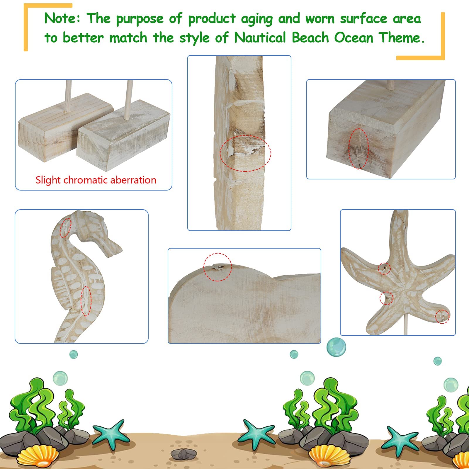Exttlliy 3pcs Wood Handmade Beach Nautical Style Figurines Starfish/Conch/Seahorse Statue Home Decor