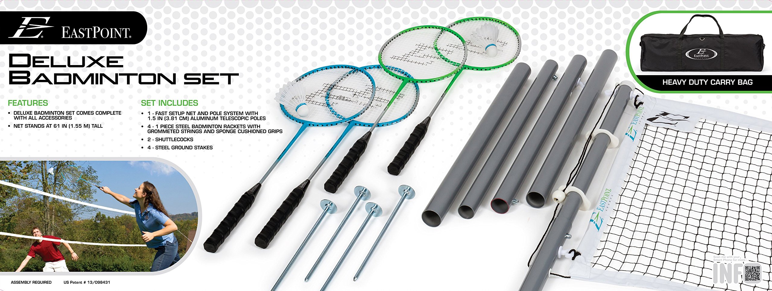 EastPoint Sports Easy Setup Badminton Set; Backyard Game Includes Portable Net, 4 Badminton Rackets, 2 Shuttlecocks and Accessory Bag for Storage