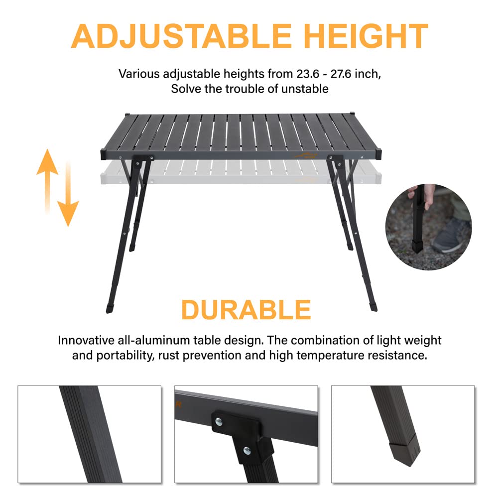 FAIR WIND Outdoor Table Folding Portable Lightweight Aluminum Camping Table with Adjustable Legs Large Camp Table with Carry Bag, 4-6 Person