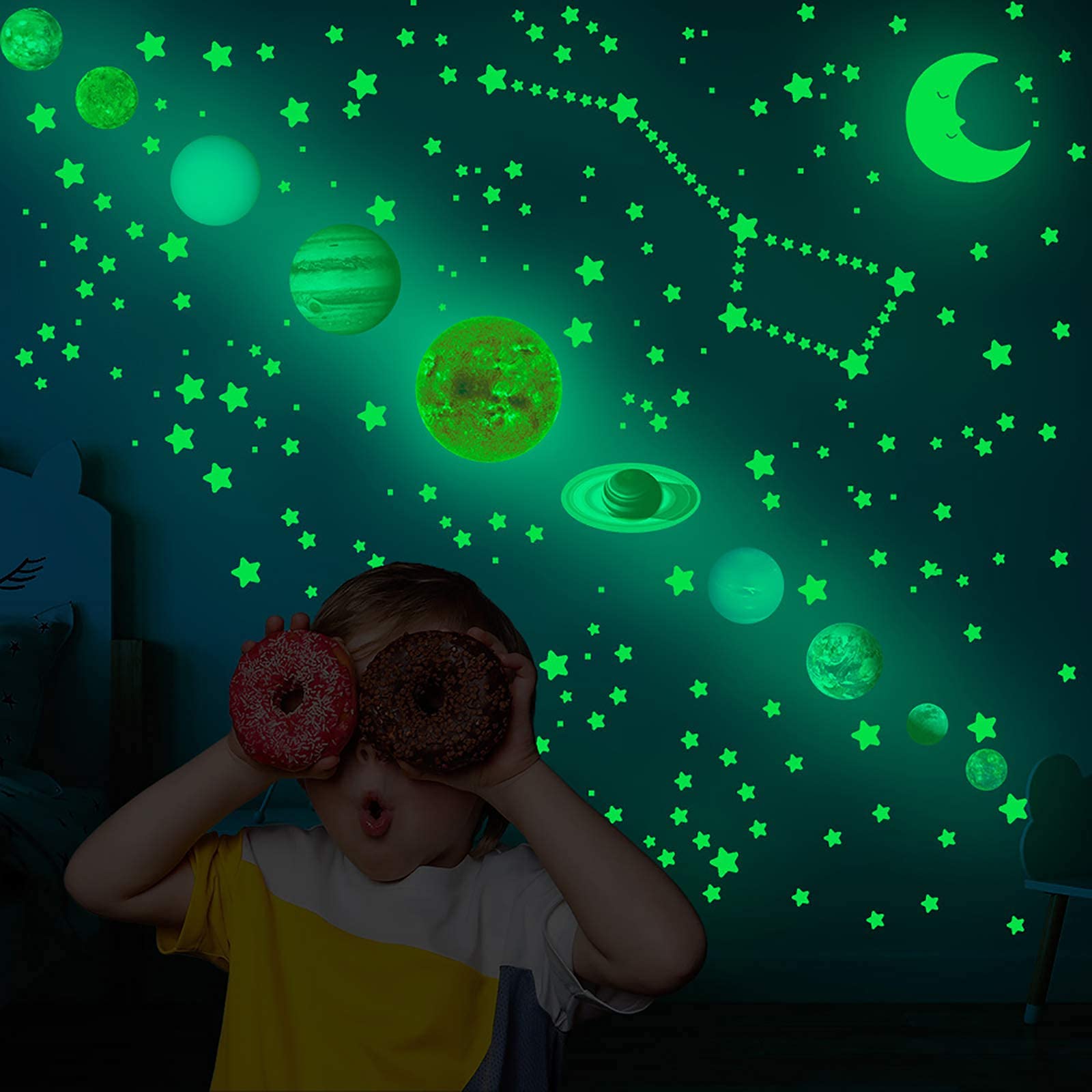 Glow in The Dark Stickers for Ceiling, 525Pcs Dark Stars and Moon Decals Wall Stickers Solar System Shining Decoration, Glowing in The Dark Ceiling Decors for Kids, Boys, Girls Bedroom