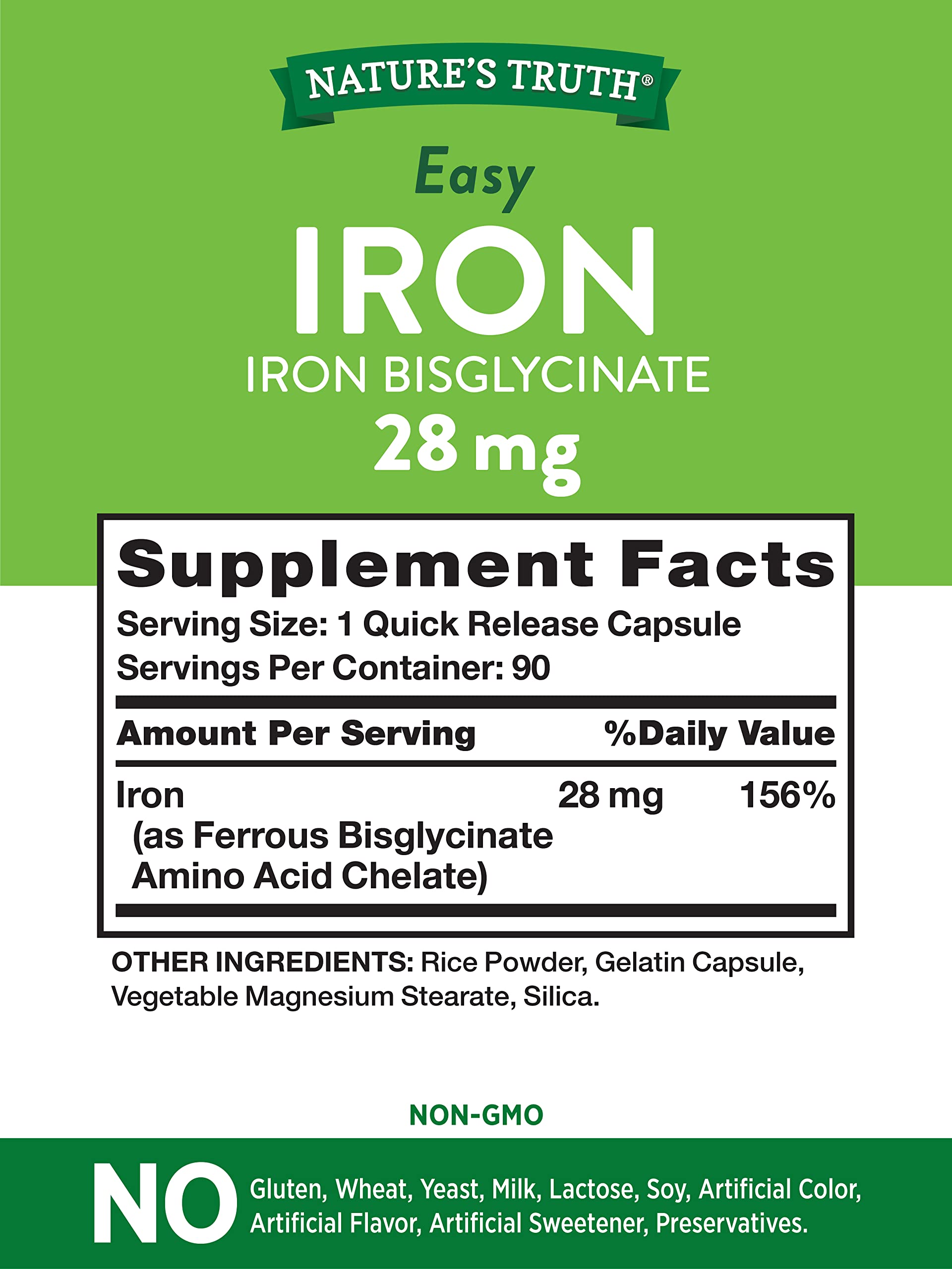 Easy Iron Supplement 28 mg | 90 Capsules | Iron Bisglycinate | Non-GMO, Gluten Free | by Nature's Truth