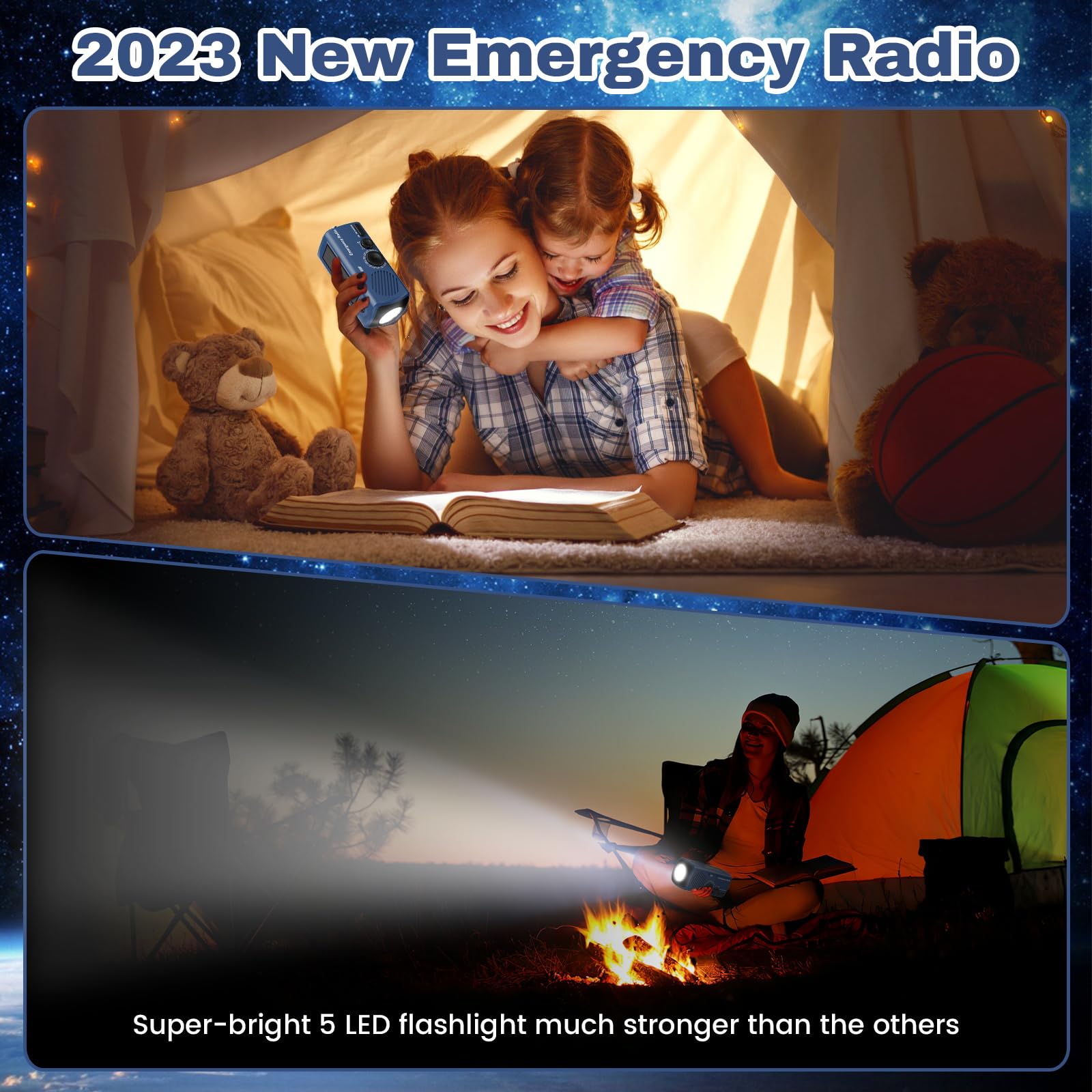 Emergency Hand Crank Radio AM/FM with LED Flashlight, Portable Weather Radio with Solar Charging Manual Crank and Battery Operation, Mergency Phone Charging for Home Outdoor Camping(Blue)