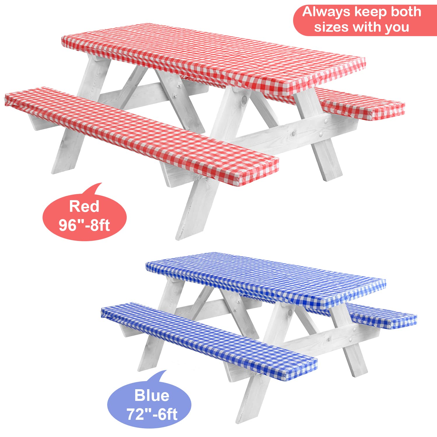 LINPRO 6ft and 8ft Fitted Picnic Table Cover and Bench Covers. These 2 Most Common Sizes Reusable Outdoor Picnic tablecloths with Elastic Will Cover Most Camping Picnic Tables and Folding Tables.