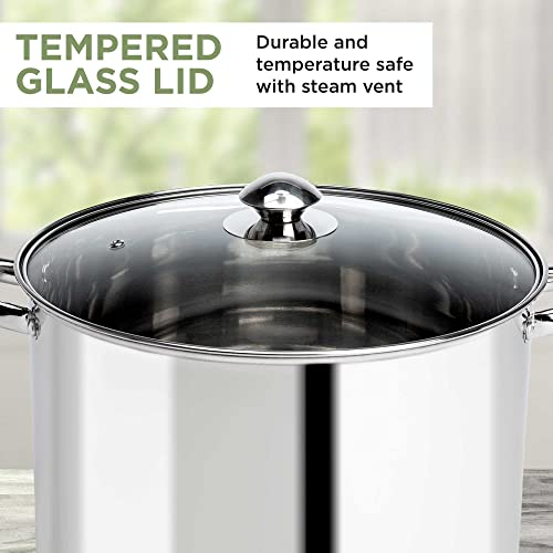 Ecolution Stainless Steel Stock Pot with Encapsulated Bottom Matching Tempered Glass Steam Vented Lids, Made Without PFOA, Dishwasher Safe, 12-Quart, Silver