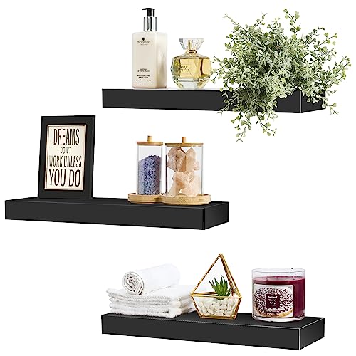 Sorbus Floating Shelves for Wall - Set of 2 Black Wood Wall Shelves for Living Room, Kitchen, Bedroom, Bathroom Storage - 16" Book Shelf for Wall Decor, Home Decor, Farmhouse, Frames & Trophy Display