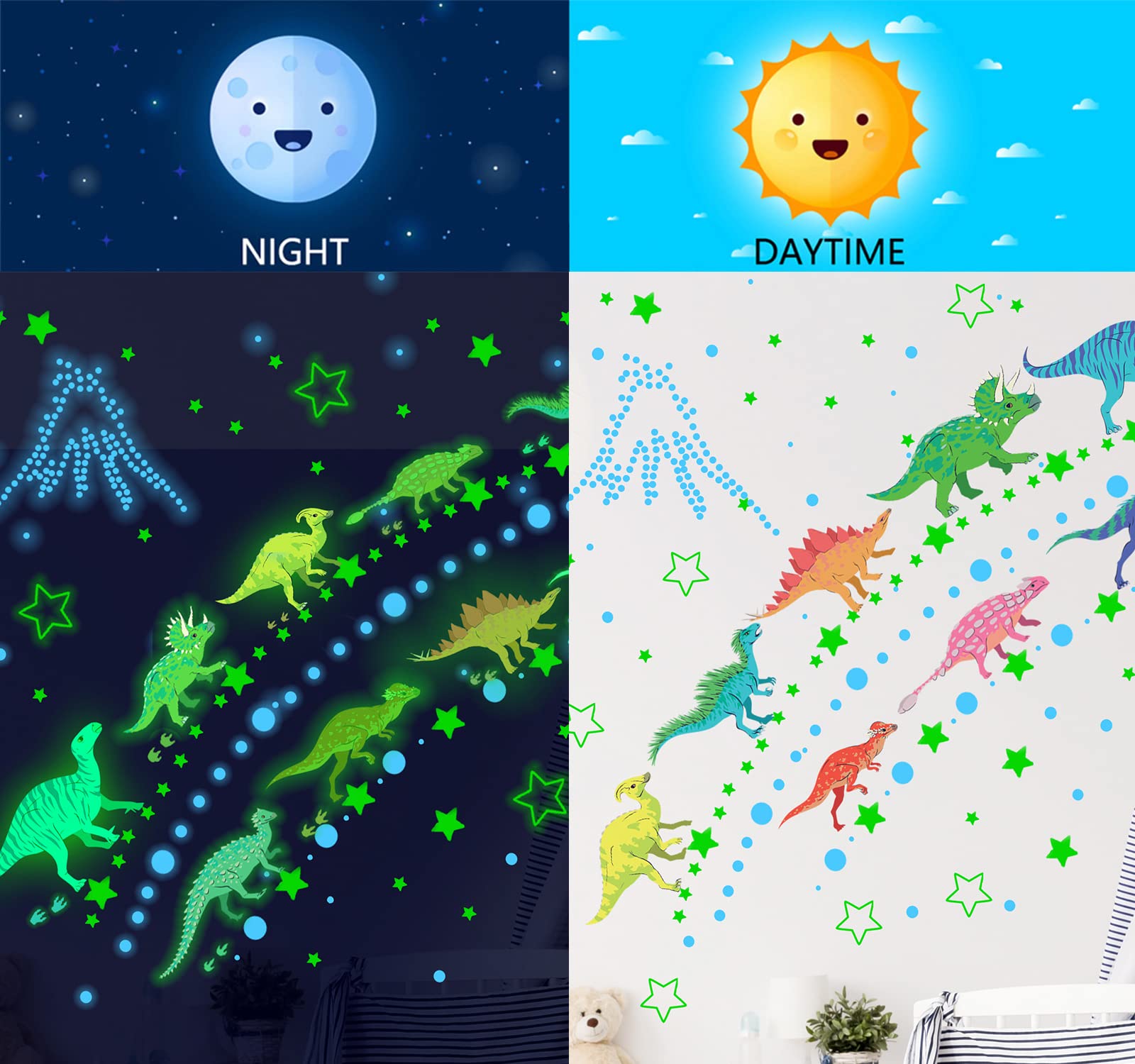 Glow in The Dark Dinosaur Wall Decals - 652Pcs Dinosaur Wall Stickers for Boys Room,Kids Wall Decor Stars for Baby Nursery Boys Bedroom Ceiling (Green Dinosaur)
