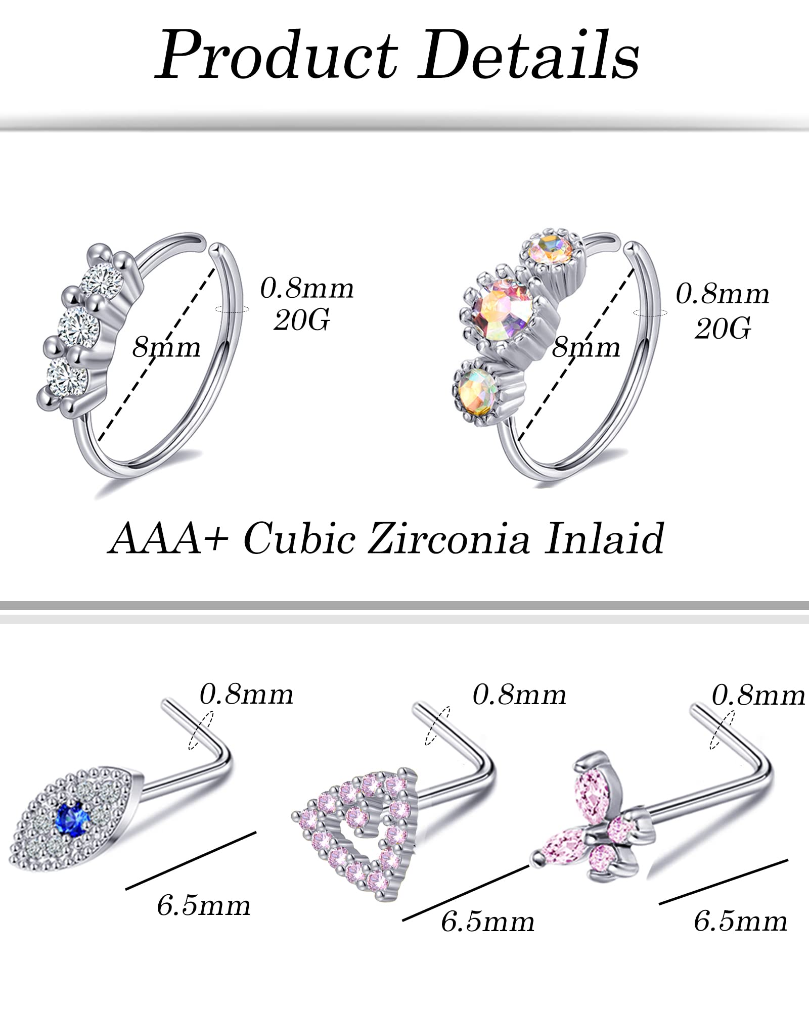 Fxiqini 16Pcs Dangle Nose Rings Stud L Shape Nose Studs Stainless Steel Nose Ring Hoop Butterfly Evil Eye Heart Cross Star Waterdrop Leaf Moon Snowflake Opal Shiny CZ Shape Dangling Nostril Nose