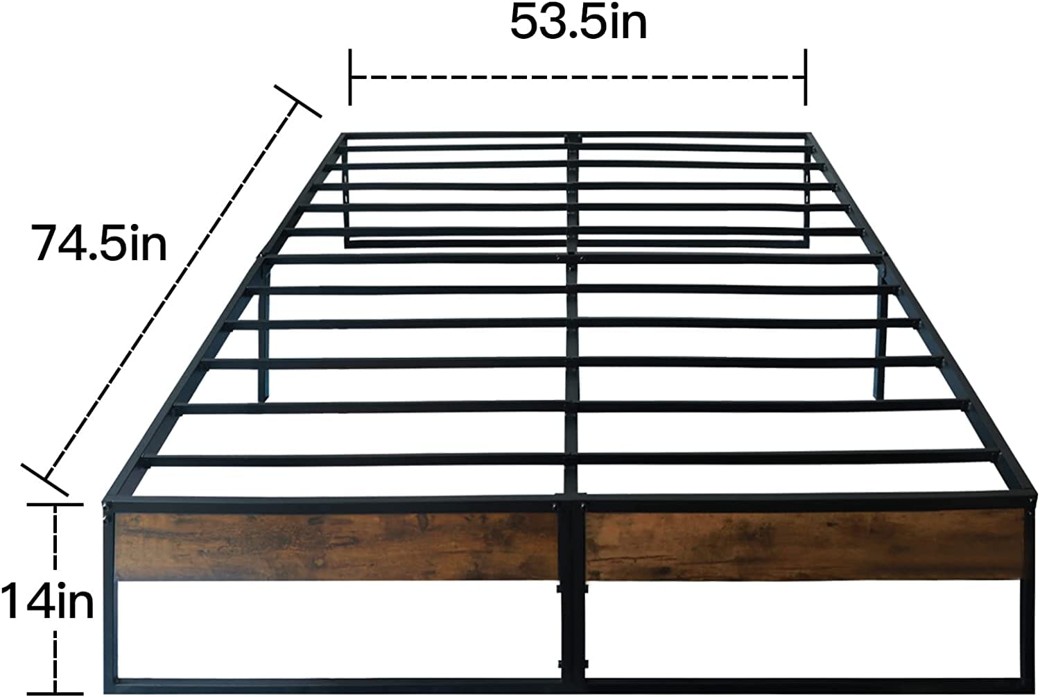 DUMMUP Full Size Bed Frame with Wood Panel, 14 Inch Black Metal Slat Support Platform, Mattress Foundation, Chestnut Brown, Noise Free, Easy Assembly