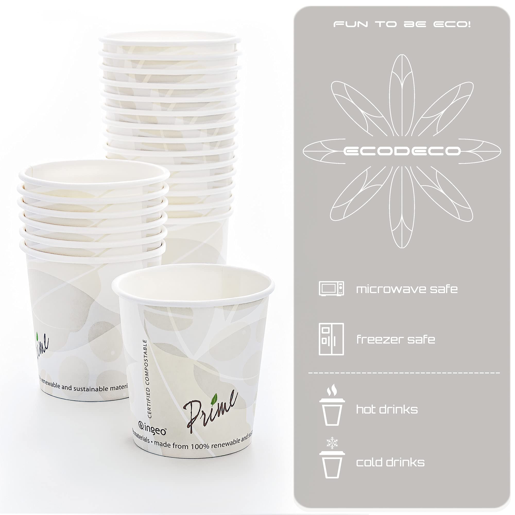 ECODECO Eco-friendly Disposable Espresso Cups - 4 Ounce - 100 pack - PLA Lined Compostable Paper Coffee Shots w/ Handle