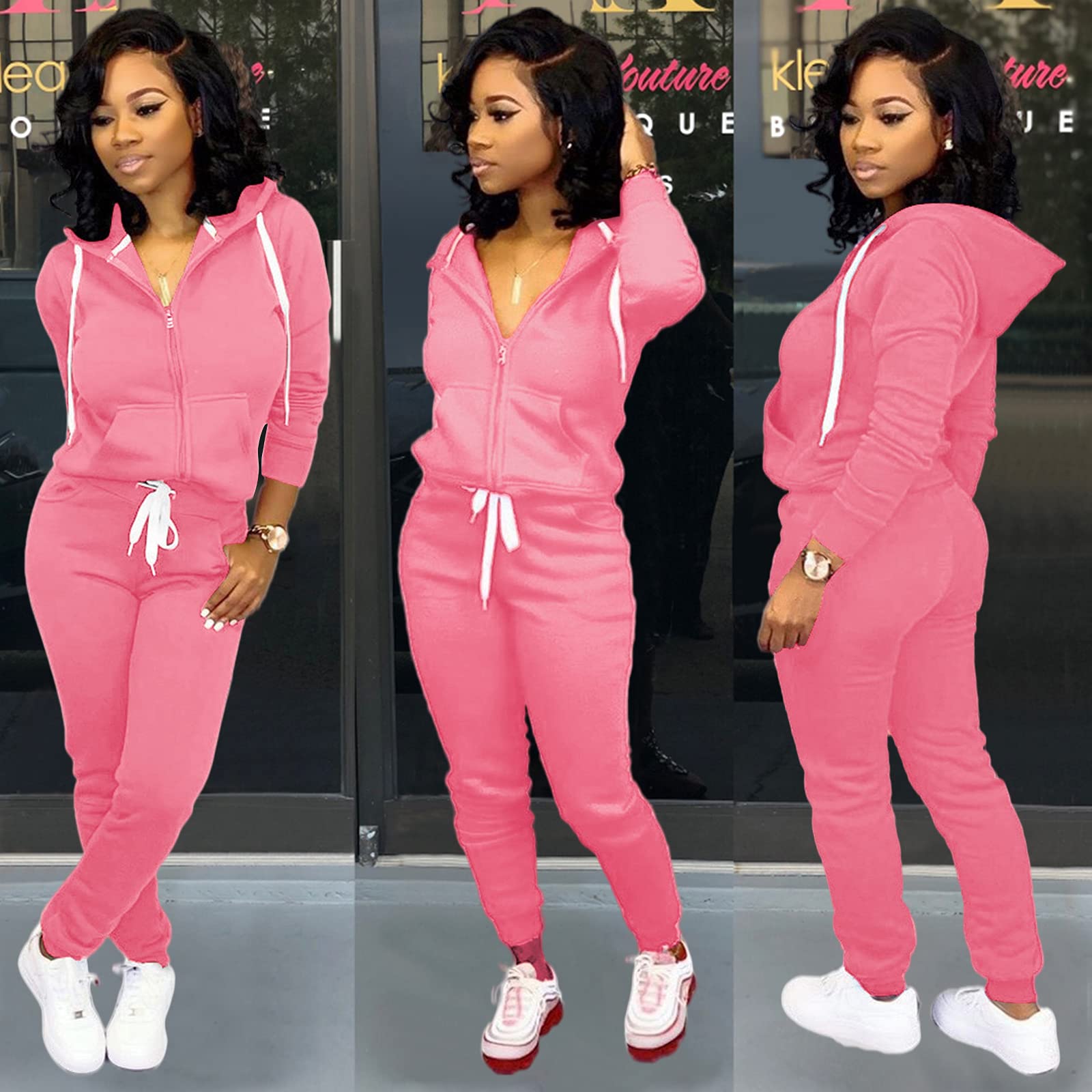 FANDEE Women's Casual 2 Piece for Women Tracksuit Set Zipper Hoodie Sweatsuits Tracksuits with Pockets Pink L