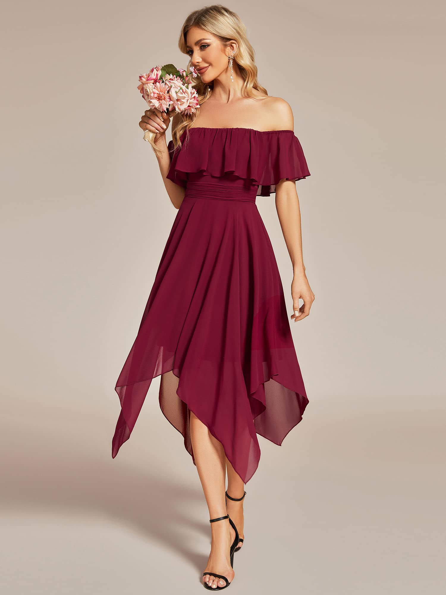 Ever-Pretty Women's Elegant Off The Shoulder Asymmetric Hem Chiffon Midi Spring Dresses for Women Burgundy US12