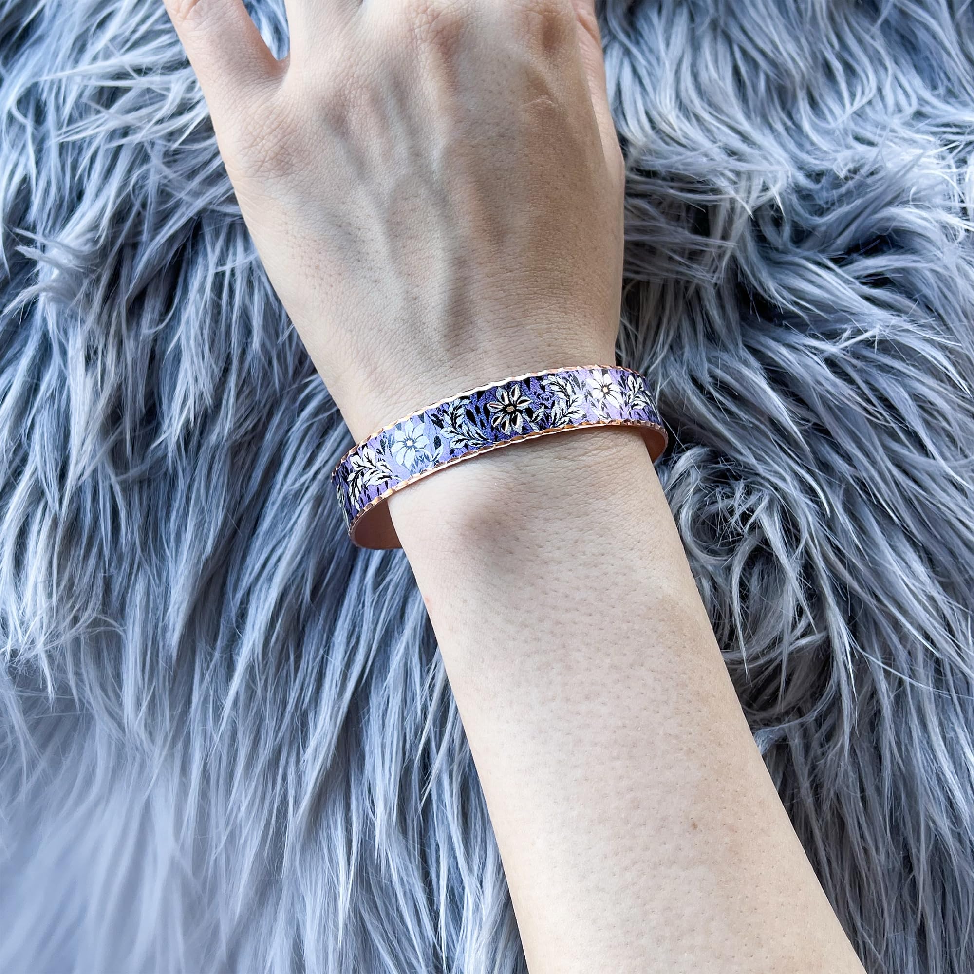 FRONT LINE JEWELRY Women's Flower Bracelets Cuff Open Flower Cuff Daisy Flower on a Sleek Purple Copper Cuff Nature Jewelry