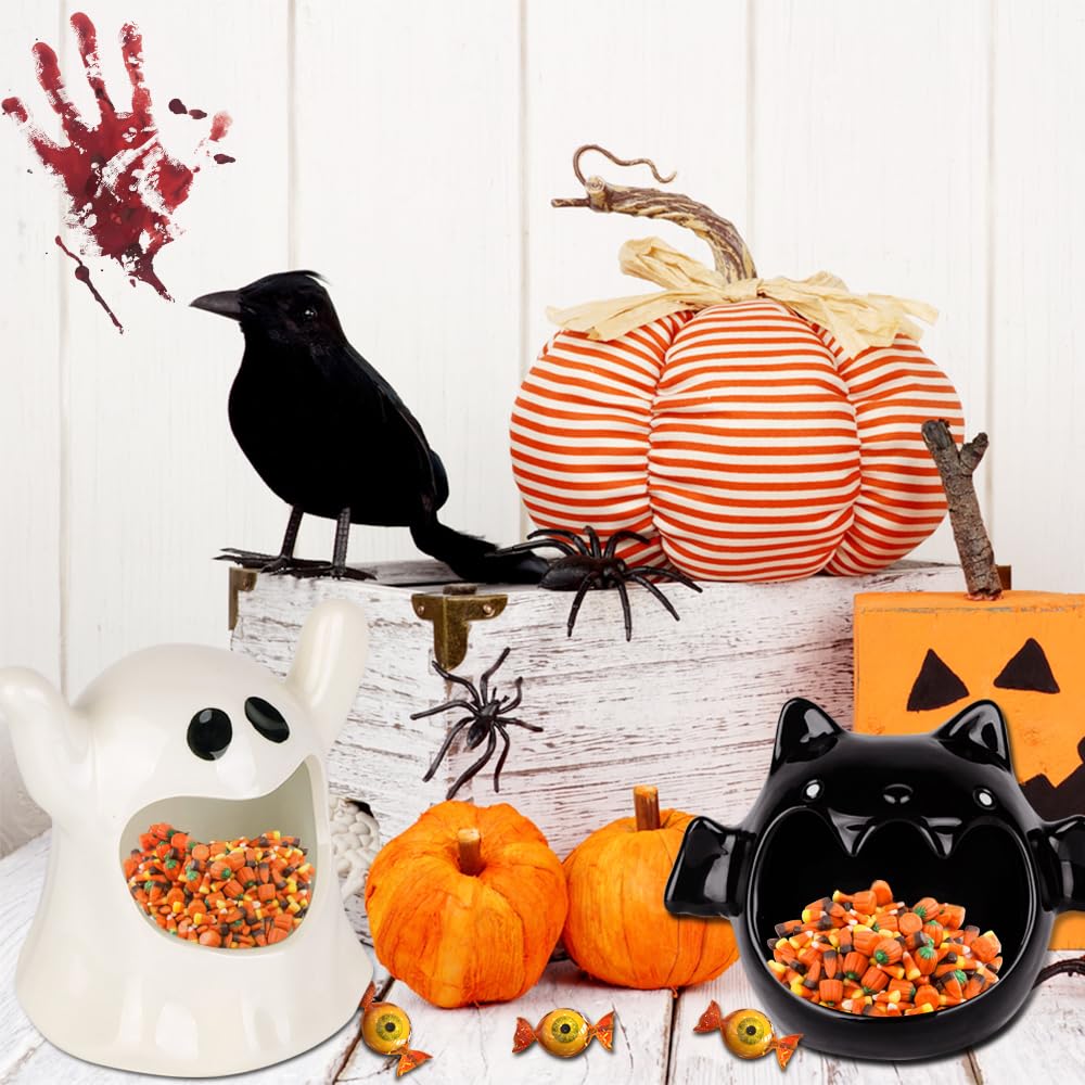 DIYDEC 2pcs Halloween Candy Bowls, Halloween Candy Dish Candle Holder Bat Ghost Ceramic Dish for Halloween Tiered Tray Ornament Tableware Party Decor Gifts