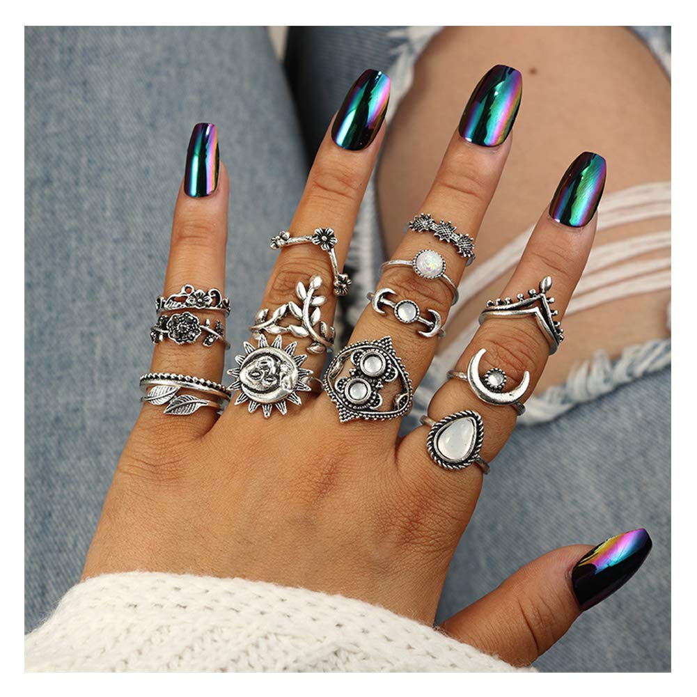 Eoumy Vintage Knuckle Ring Set for Women Retro Silver Hollow Carved Flowers Leaf Sun Moon Stackable Rings Set