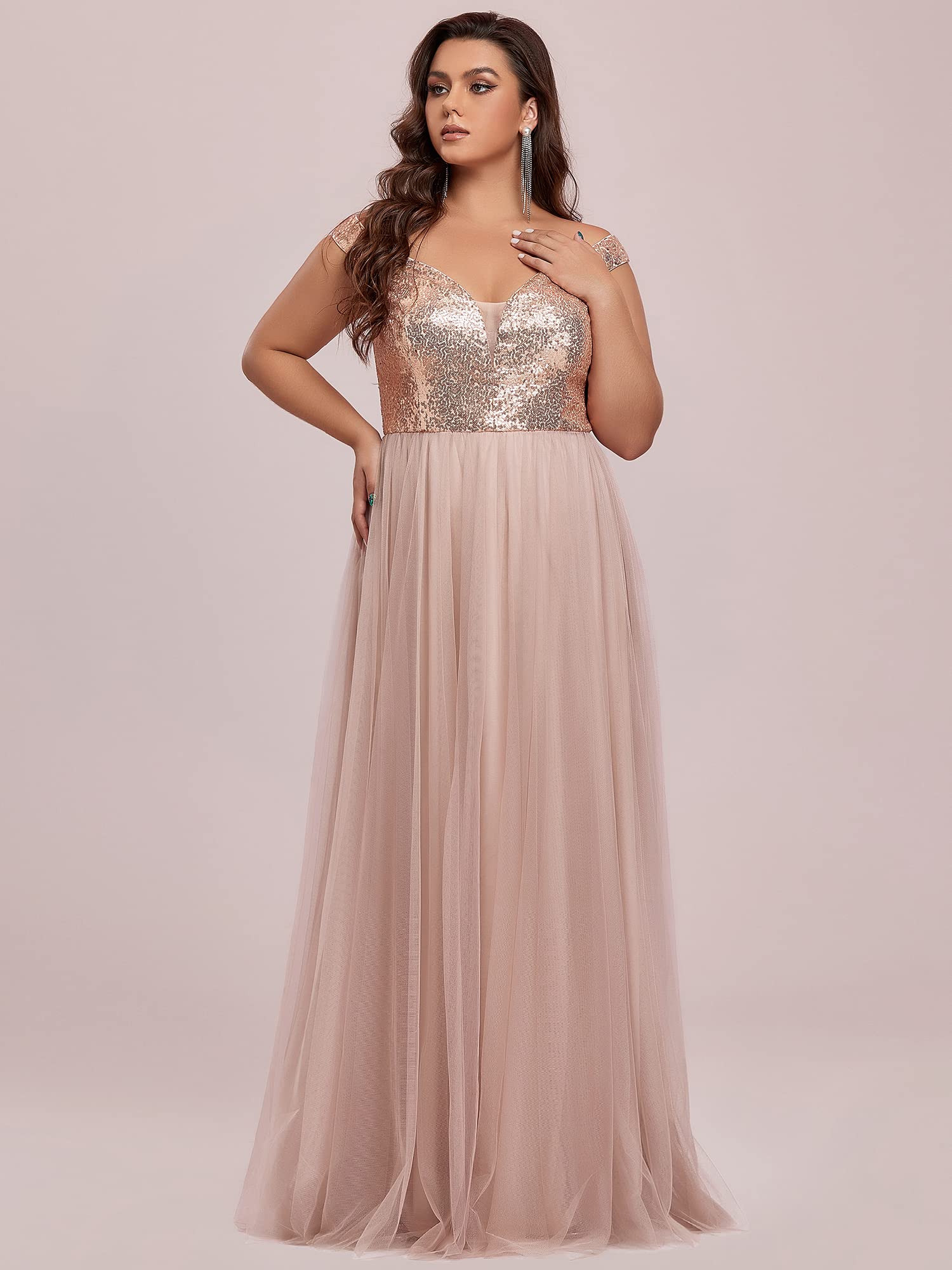 Ever-Pretty Women's Cap Sleeve Sequin Plus Size A-line Tulle Wedding Party Dress Long Rose Gold US24