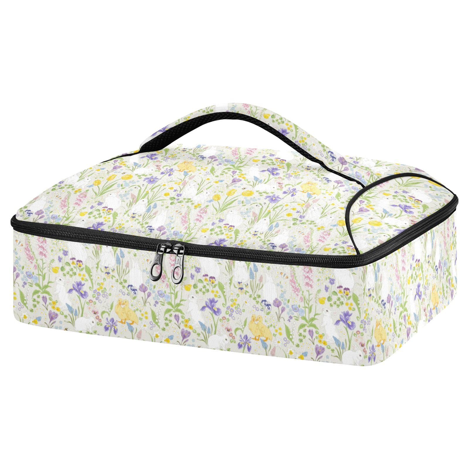 Kigai Cute Bunny and Floral Double Insulated Casserole Carrier For Hot or Cold Food, Expandable Hot Food Carrier Bag, Insulated Food Bag for Parties, Beach, Picnic, Camping