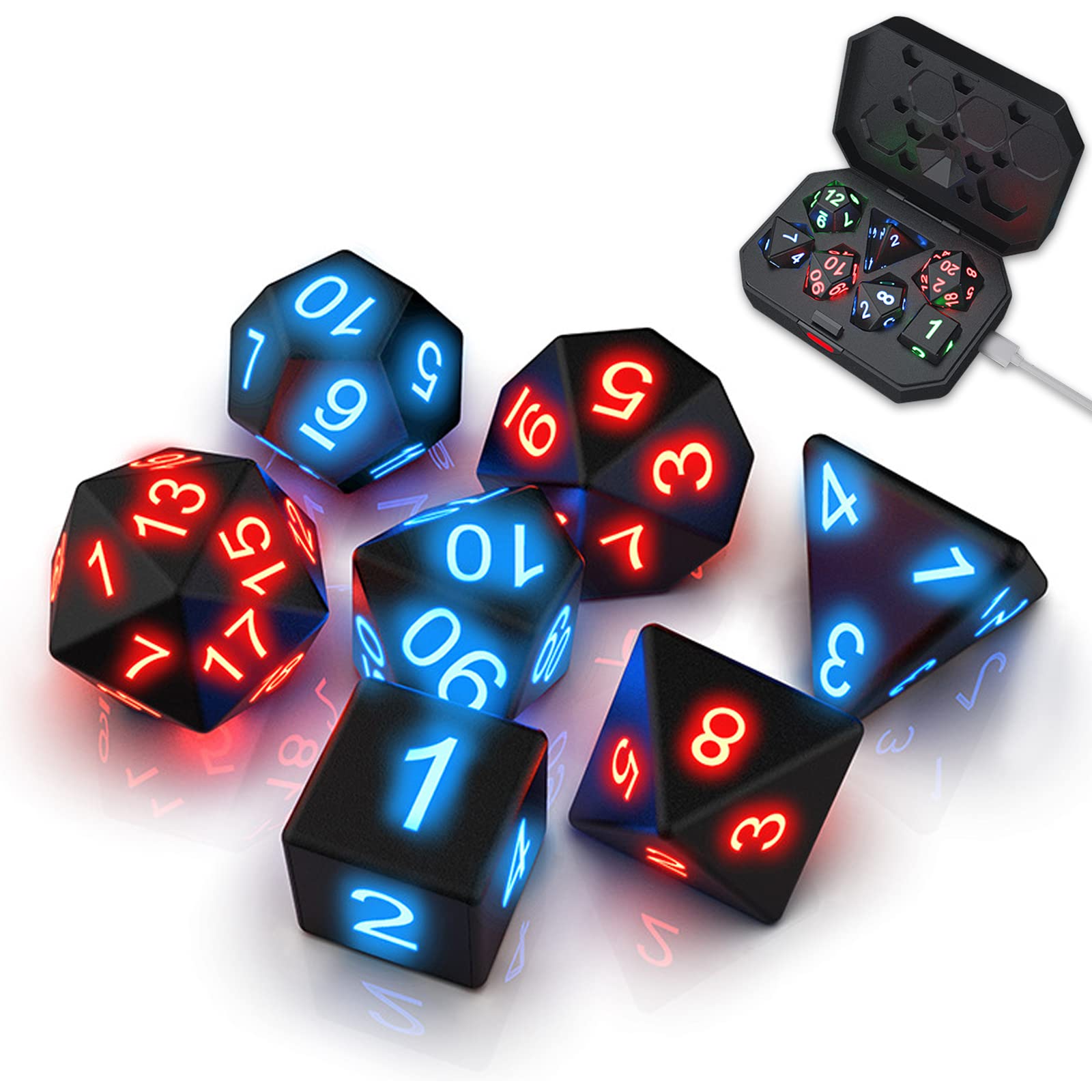 Glowing DND Dice Set with Charging Box, 7Pcs LED Light Up Polyhedron Rechargeable Electronic Dice for Dungeon and Dragons, Role Playing Table Games, RPG Polyhedral Dice Set