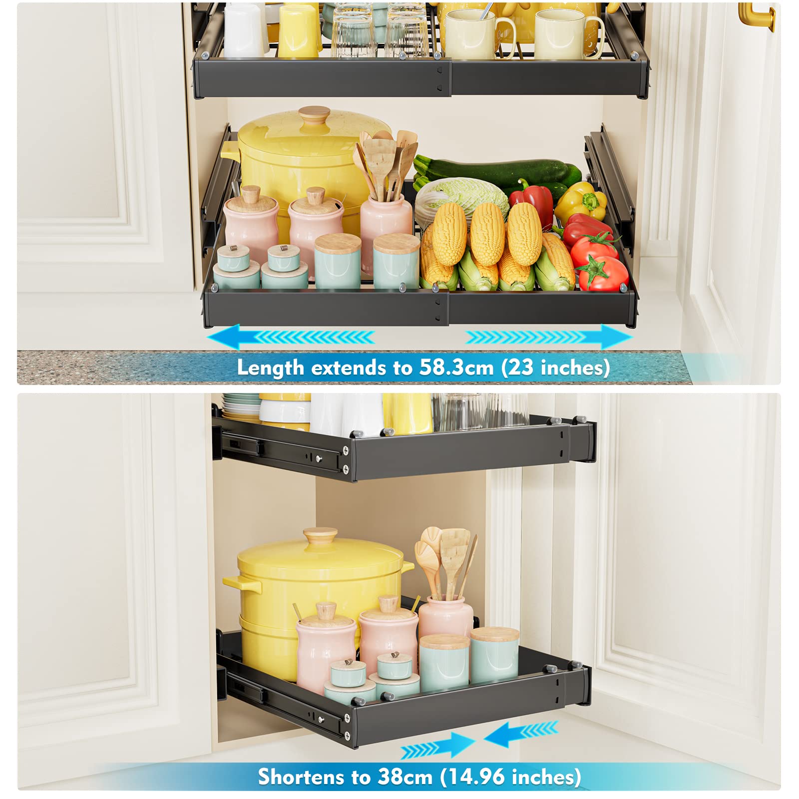 Expandable 2 Pack Pull Out Cabinet Drawer Organizer, Steel Metal Pull Out Storage Shelf Drawer Basket, Sliding Pantry Shelves - Roll Out Shelf Storage for Pots, Pans, Black