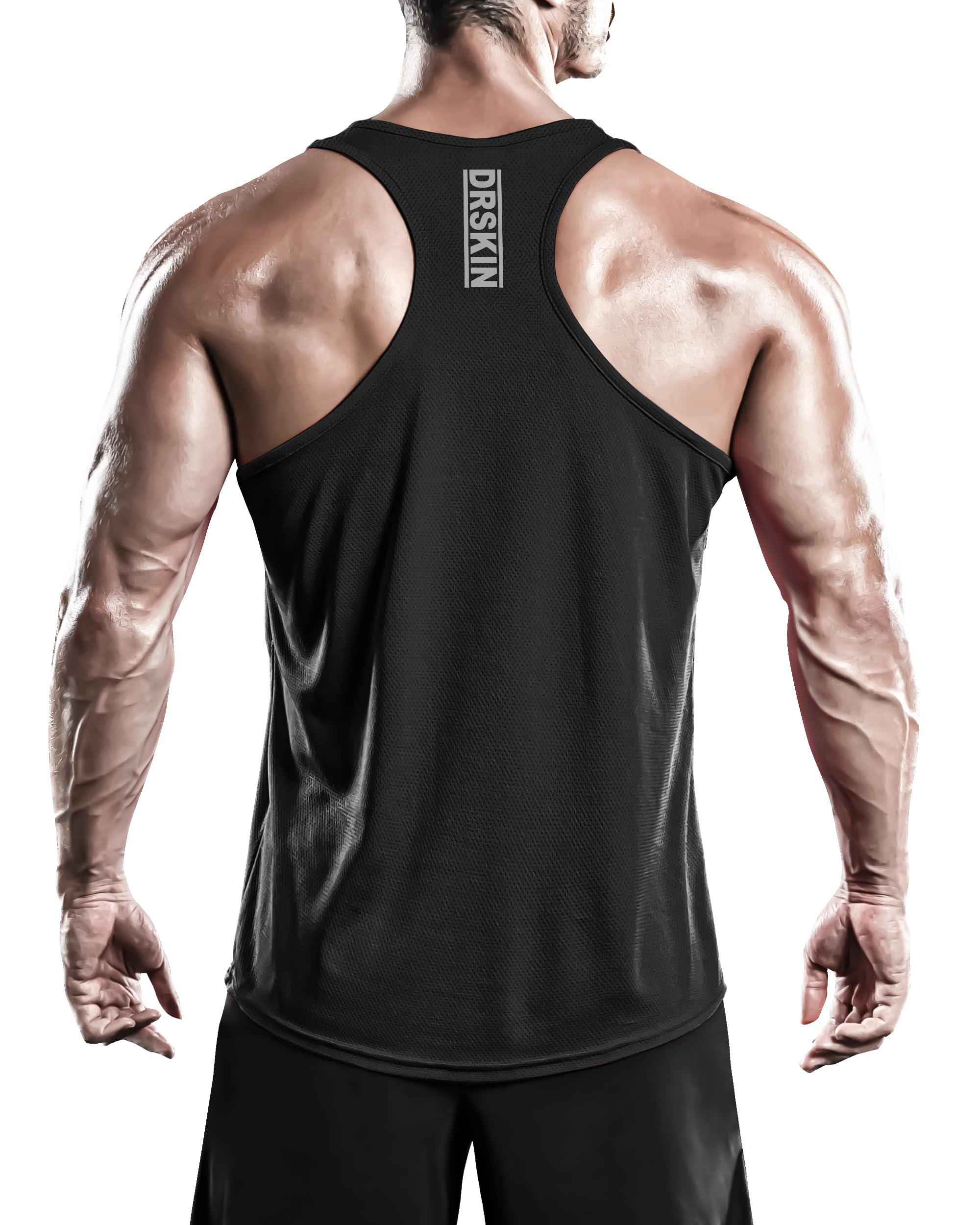DRSKIN Men's 3 Pack Dry Fit Y-Back Muscle Tank Tops Mesh Sleeveless Gym Bodybuilding Training Athletic Workout Cool Shirts (BTF-ME-TA-(B,B,W), S)