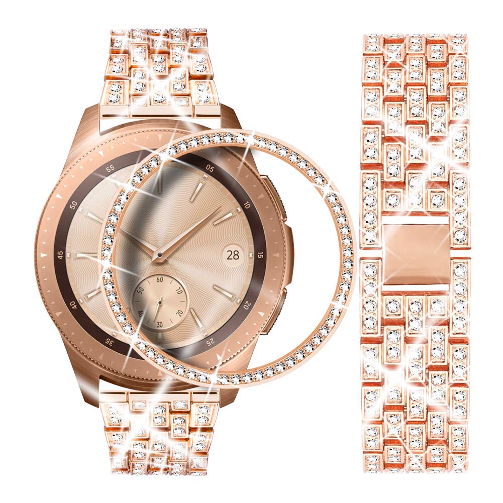 Dsytom Compatible with Galaxy Watch 42mm Band Women+ Bezel, 20mm Jewelry Watchband & Bezel Ring Cover Diamond Strap Bracelet for Samsung Galaxy Watch 4 Classic 42mm (Rose gold)