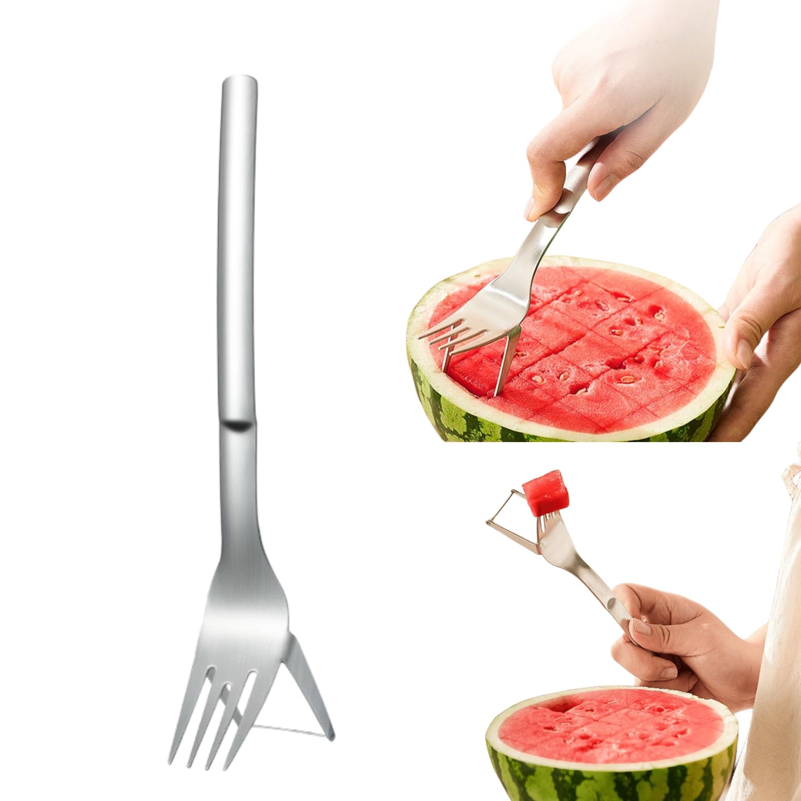 Watermelon Slicer Fork Stainless Steel Cutter - Kids Fascinated Melon Cuber Cutting Tool - Carving and Cutting Utility Knife for Home Fruit Party - Cool Kitchen Gadgets (A)