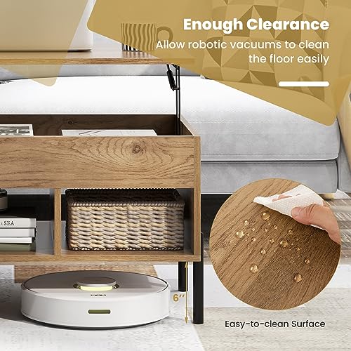 Tangkula Lift Top Coffee Table with Metal Legs, Rising Center Table w/Hidden Compartment & 3 Open Cubbies, Multifunctional Wood Dining Working Table for Living Room Reception Room (Natural)