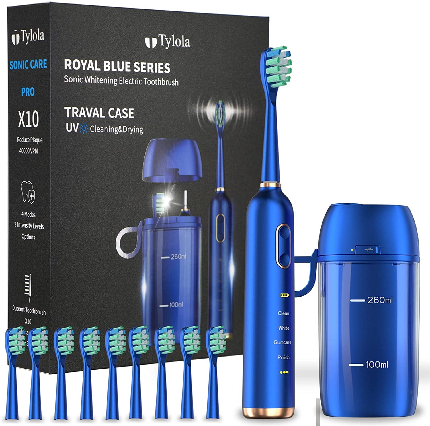 Tylola Travel Portable Sonic Electric Toothbrush for Adults-10 Dupont Premium Replacement Heads-1 Minute Automatic Cleaning &Drying Function-2 Minute Smart Timer-4 Modes,3 Intensity-Royal Blue