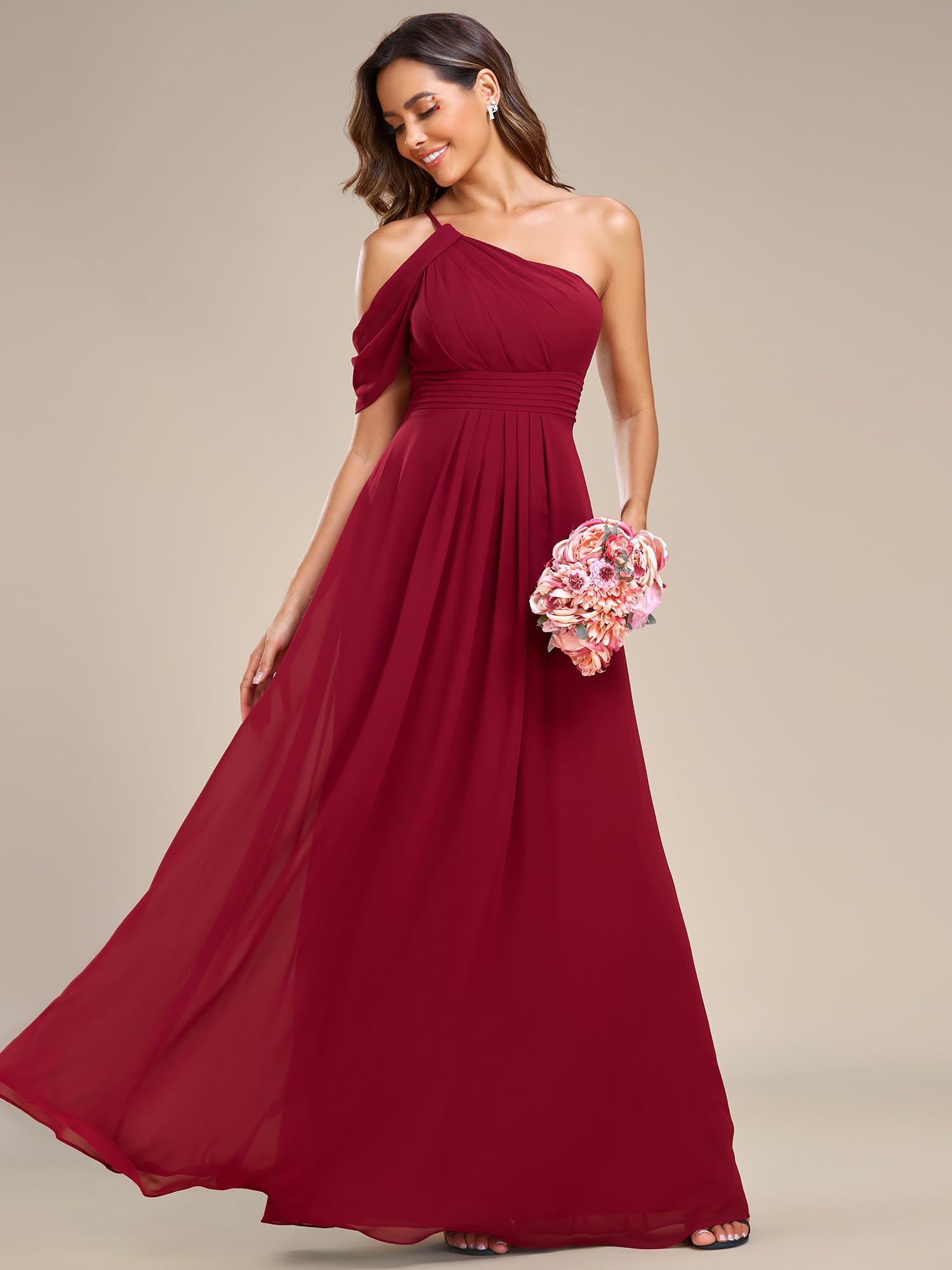 Ever-Pretty Women's Flowy One Shoulder Short Sleeve Backless A-line Floor Length Cocktail Dresses Burgundy US12