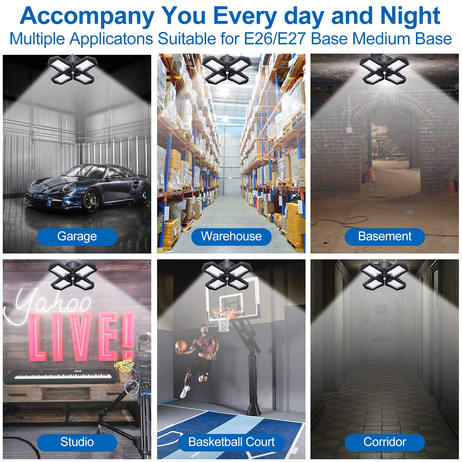 Garage Light, 2020 Updated Four Leaf Garage Light Deformable Led Garage Lights 60W LED Garage Lights 6000 Lumens Garage Ceiling Light CRI 80 Led Light for Garage Workshop Basement Laundry Room-Black