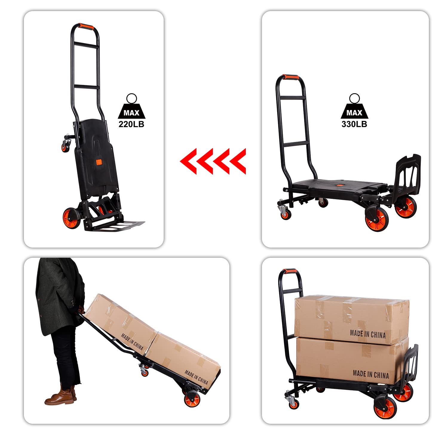 Joric Folding Hand Truck Portable Dolly Cart, One-Button Folding Portable Flatbed, Dual-Purpose Design, Switch at Will, 330lbs Capacity Hand Cart, Suitable for Transportation, Baggage Handling Use