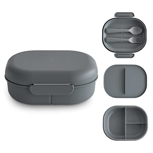 mushie Kids Bento Lunch Box | 3-Compartment & Removable Divider + Fork & Spoon Utensils | Great For Meals, School, Snacks On-the-Go | Dishwasher Safe (Smoke)