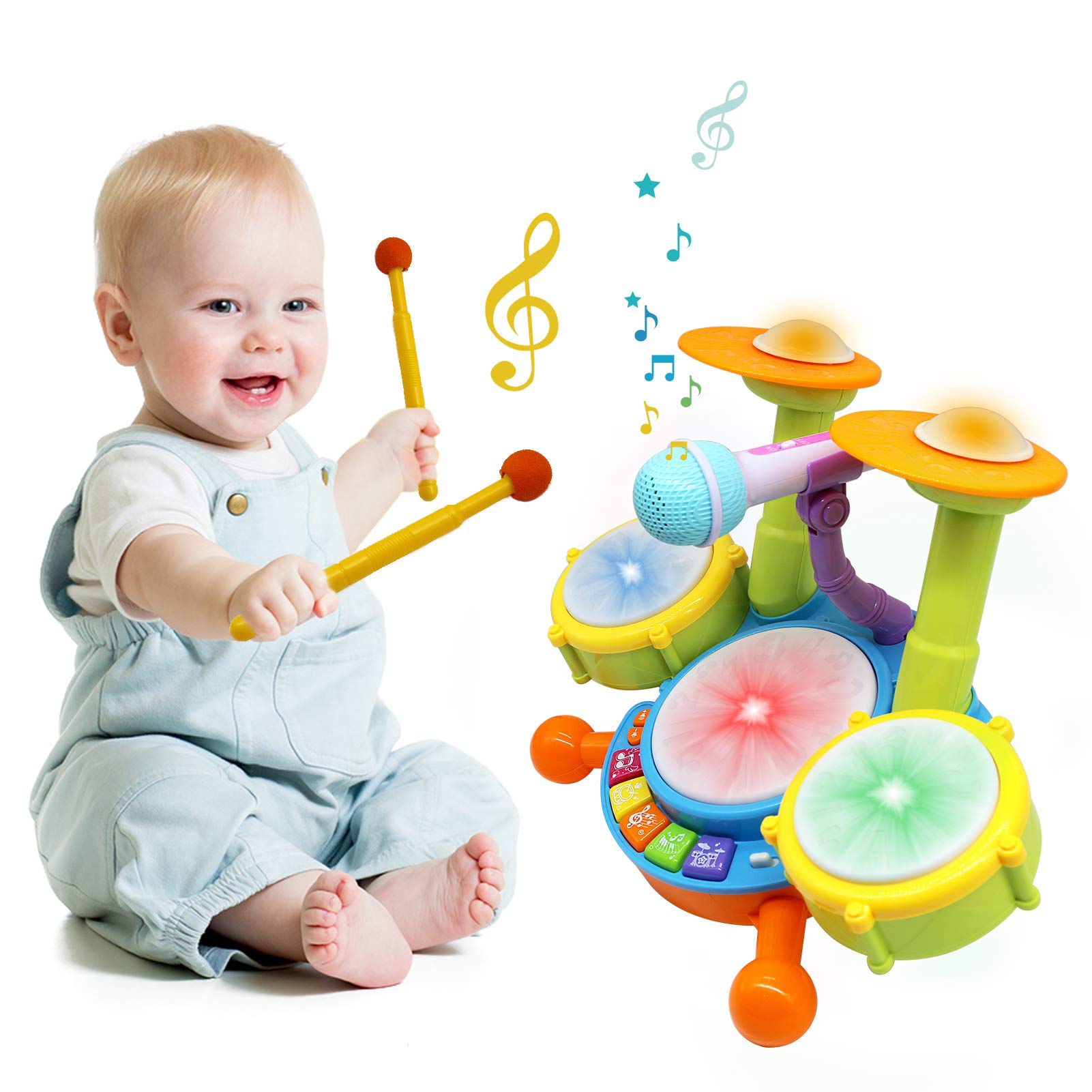 Drum Set for Kids with 2 Drum Sticks and Microphone, Musical Toys Gift for Toddlers… (Green)