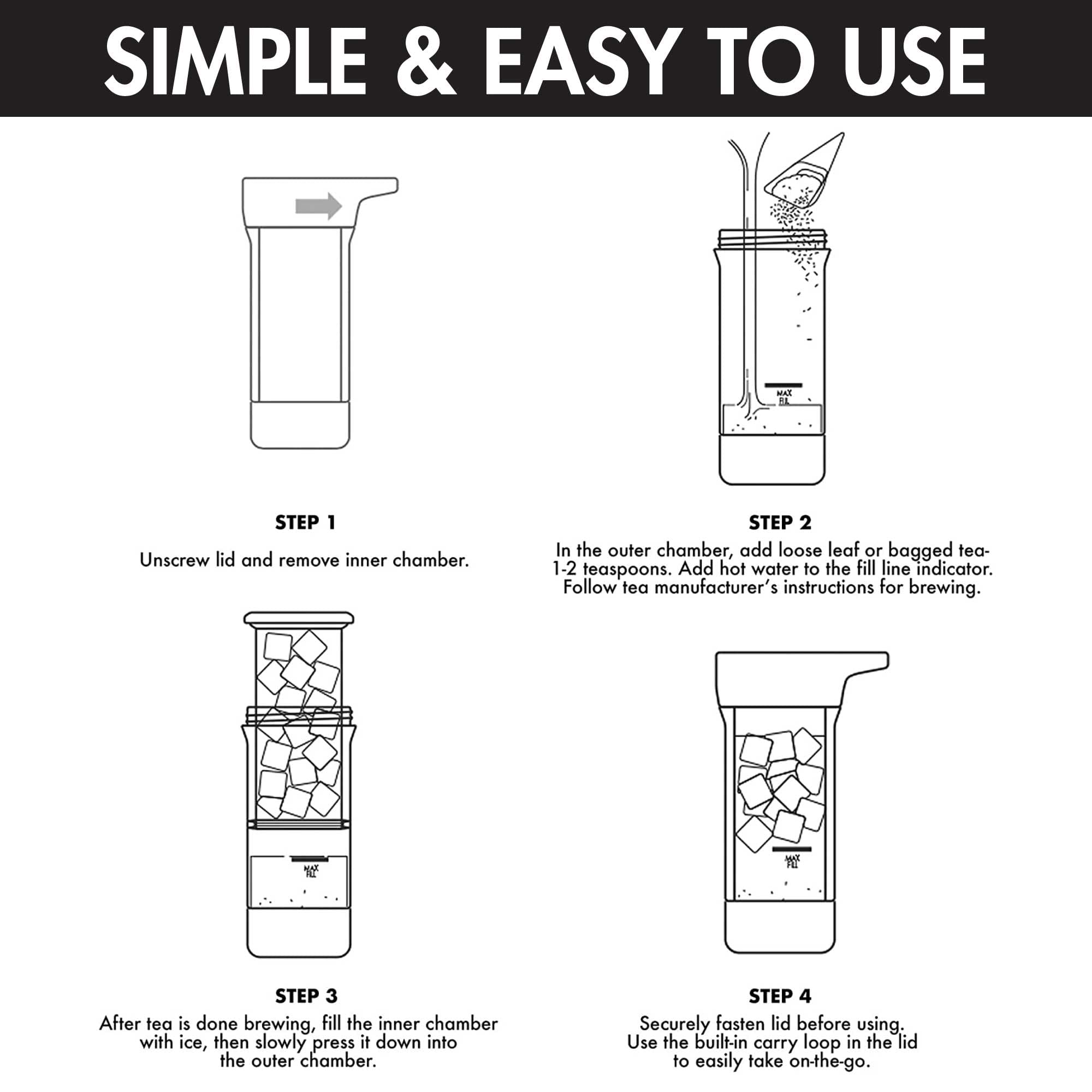 Primula Press and Go Iced Tea Maker, Travel Tumbler, Infuser Bottle, Leak-proof Flip-top Lid with Carry Loop, Dishwasher Safe, Made without BPA, 16-Ounce, Black, 1 Count (Pack of 1)
