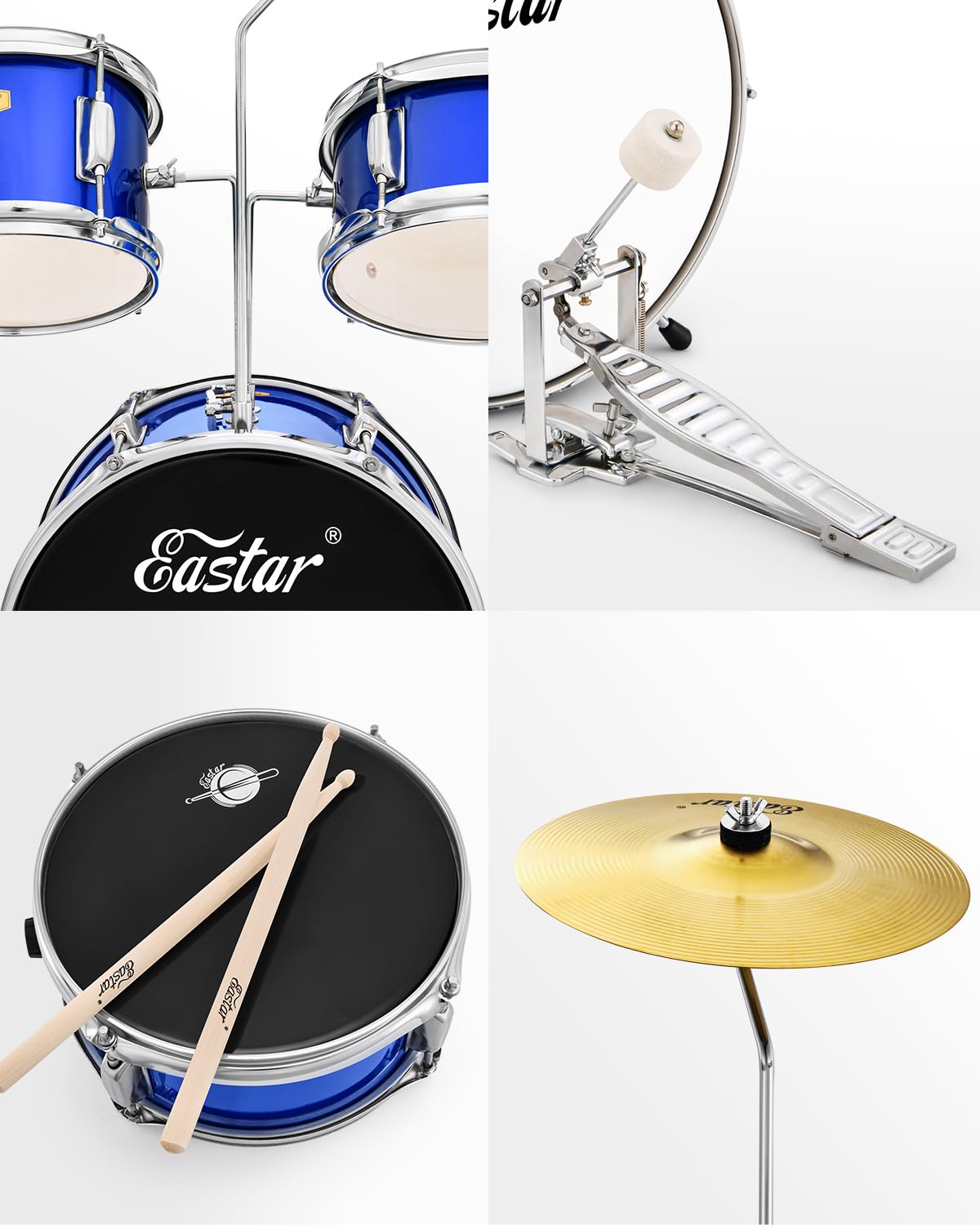 Eastar Kids Drum Set 16 inch 3-Piece, Junior Drum Set Kit with Throne, Cymbal, Pedal & Drumsticks,Metallic Blue (EDS-280Bu)