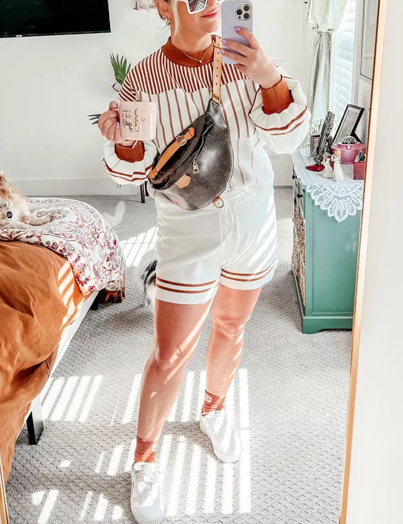 Gihuo Women' s Striped 2 Piece Outfits Crewneck Knit Pullover Sweater Shorts Set Wide Leg Matching Set Loungewear(Brown-M)
