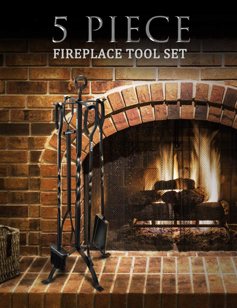 EVOLLY 5 Pieces Fireplace Tools Set 32Inch Heavy Duty Wrought Iron Fire Place Tool Set Fireplace Toolset for Fireplaces, Fire Pits, Hearth Accessories Including Tongs, Shovel, Stand, Poker & Broom