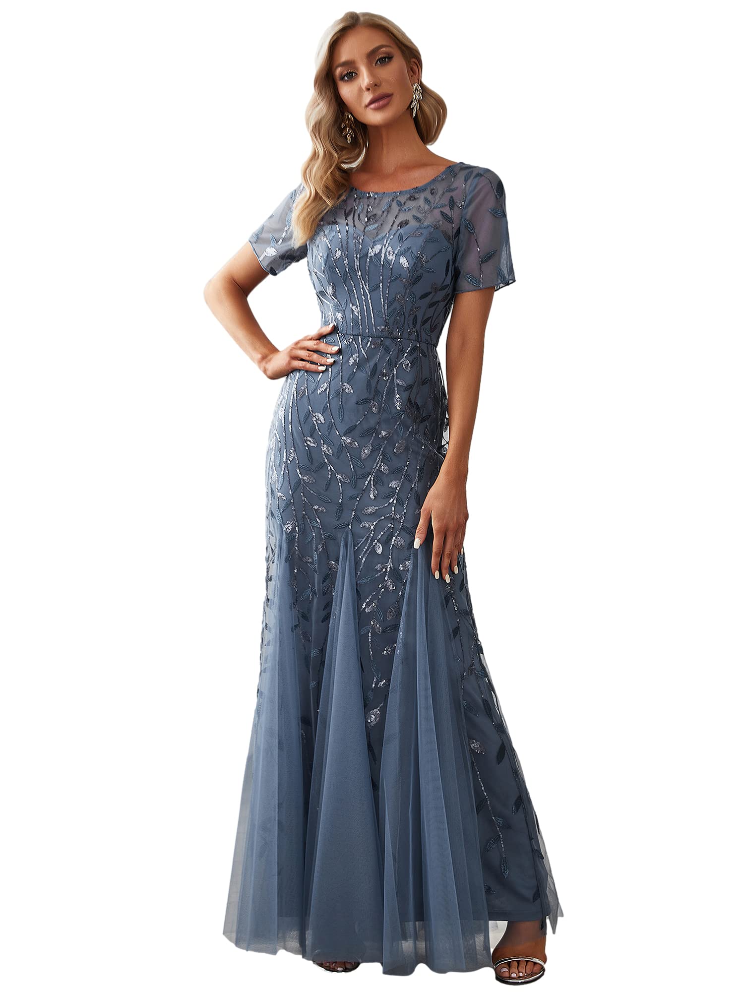 Ever-Pretty Women's Floral Lace Round Neck Sequin Prom Gown with Sleeves Haze Blue US16