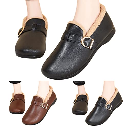 FASDNENDYS Fashion Winter Women Casual Shoes Flat Bottom Round Toe Solid Color Buckle Short Plush Warm and Comfortable Walking Black