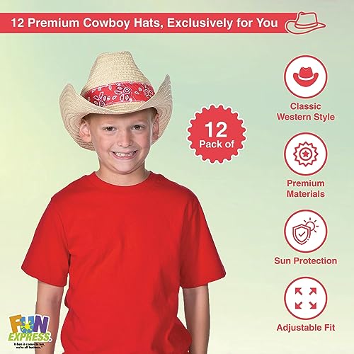 Fun Express Cowboy Hat for Men - Authentic Western Style Cowboy Hats for Men with Red Bandana Accent, Bulk Set of 12 Durable Woven Straw Cow boy hat Versatile Party Hats, Unisex Design