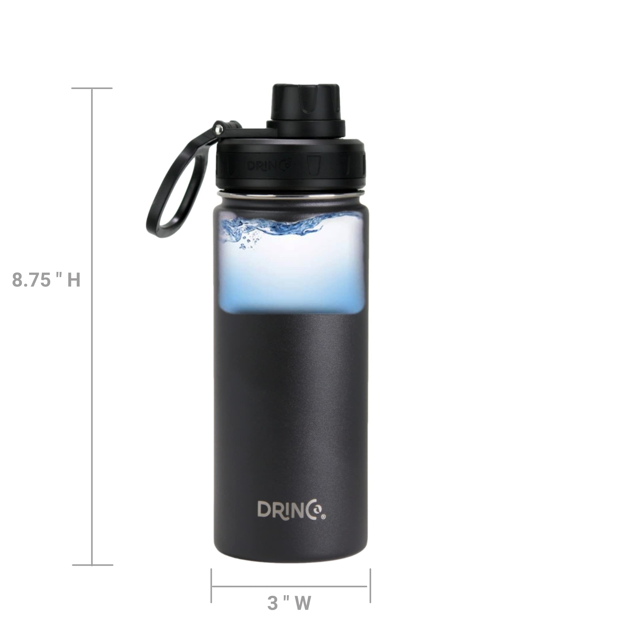 DRINCO Stainless Steel Water Bottle Spout Lid Vacuum Insulated Double Wall Water Bottle Wide Mouth (40oz 32oz 22oz 18oz 14oz) Leak Proof Keeps Cold or Hot (18 oz, 18oz Black)