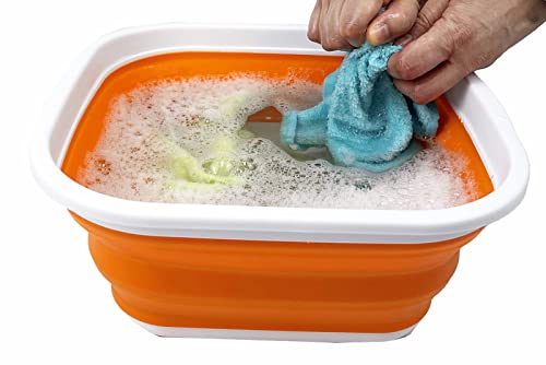 SAMMART 5.5L (1.4 Gallons) Set of 2 Collapsible Tub - Foldable Dish Tub - Portable Washing Basin - Space Saving Plastic Washtub (White/Orange)