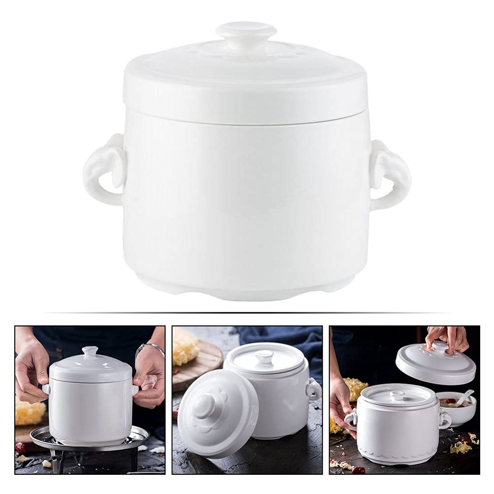 Hemoton Stew Pot Small Ceramic Stew Pot Miso Soup Bowl With Lid Chinese Style Bowl For Birds Nest Tonic Noodle Soup Salad Pasta - 9.3Oz(275ml)